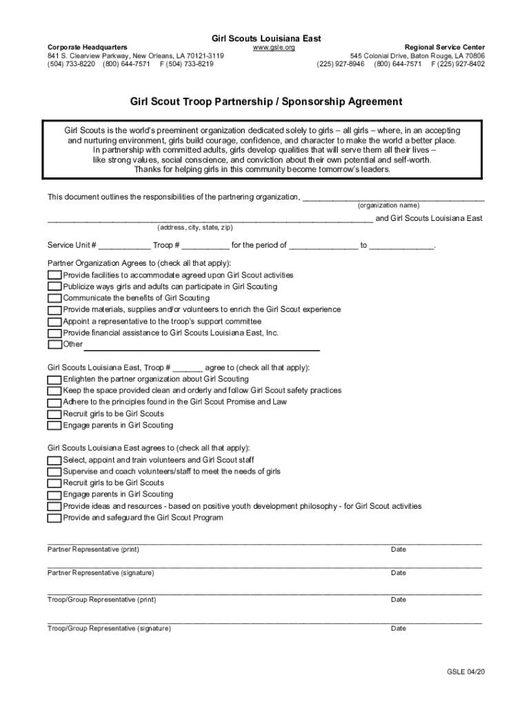 Fillable Online Girl Scout Troop Partnership Sponsorship Agreement Fax ...