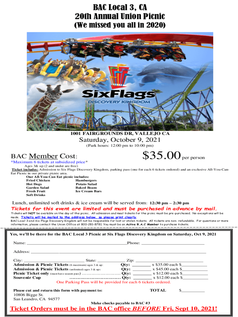 Fillable Online BAC Local 3, CA 20th Annual Union Picnic Fax Email ...