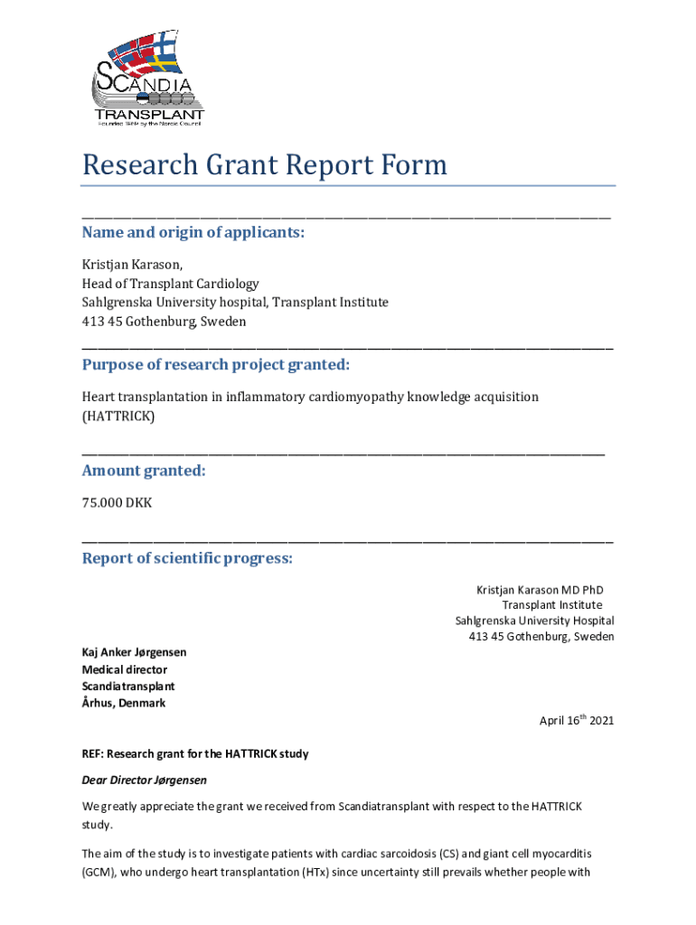 Fillable Online Research Grant Report Form - Scandiatransplant Fax ...