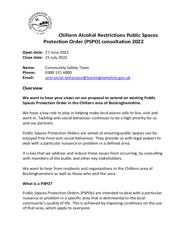 Fillable Online Chiltern area car parks Public Spaces Protection Order (PSPO ... Fax Email Print ...