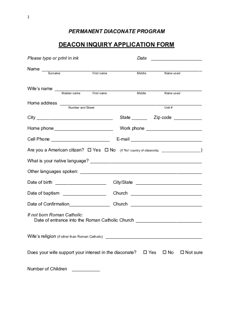 Fillable Online permanent diaconate program - deacon inquiry ...