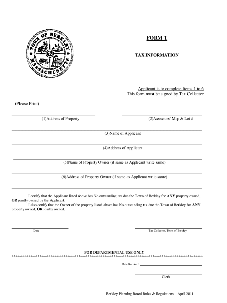 Fillable Online FORM T - Berkley MA Fax Email Print - pdfFiller