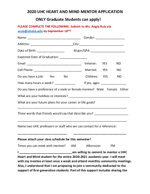 Fillable Online 2020 UHC HEART AND MIND MENTOR APPLICATION ONLY ... Fax ...