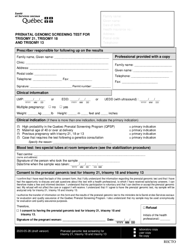 Fillable Online PRENATAL GENOMIC SCREENING TEST FOR TRISOMY 21, TRISOMY ...