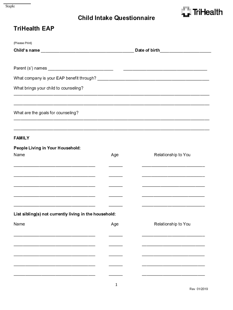 Fillable Online child and adolescent intake questionnaire - parent form ...