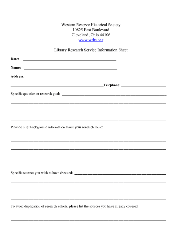 Fillable Online Library Services - Western Reserve Historical Society Fax Email Print - pdfFiller