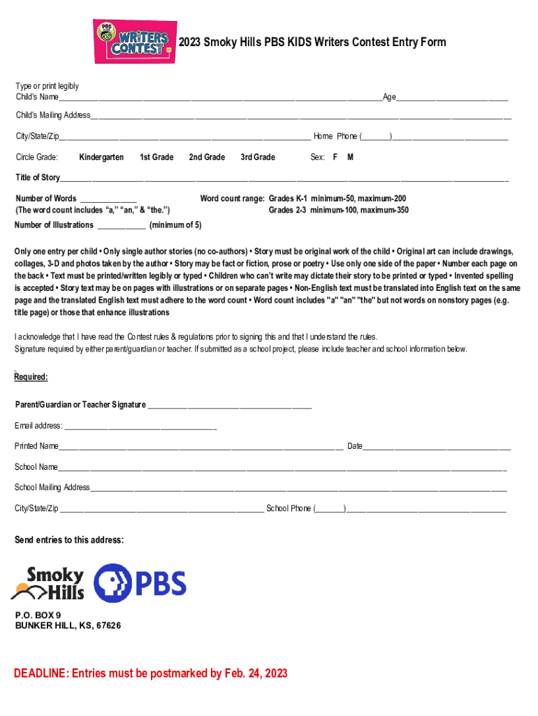 Fillable Online 2023 Smoky Hills PBS KIDS Writers Contest Entry Form ...