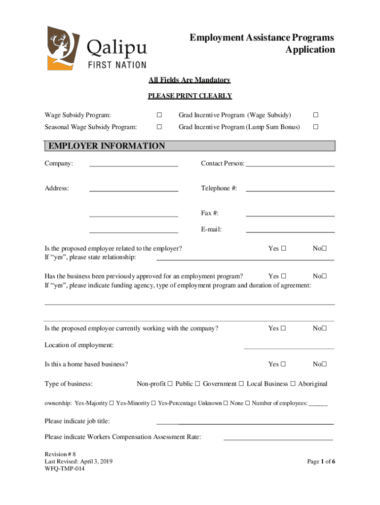Fillable Online Employment Assistance Programs ApplicationQalipu Fax ...