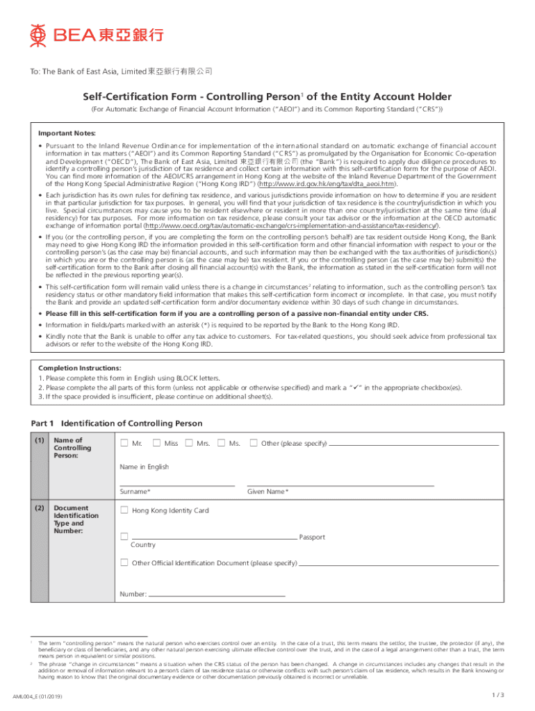 Fillable Online Self-Certification Form - Hong Kong - The Bank of East ...