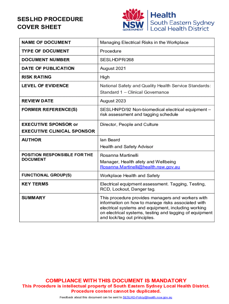 Fillable Online SESLHDPR 268 - SESLHD PROCEDURE COVER SHEET Fax Email ...