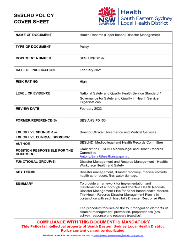Fillable Online Disaster Management - SESLHD PROCEDURE COVER SHEET Fax ...