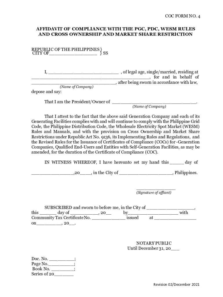 Fillable Online COC FORM NO. 4 AFFIDAVIT OF COMPLIANCE WITH THE ... Fax ...