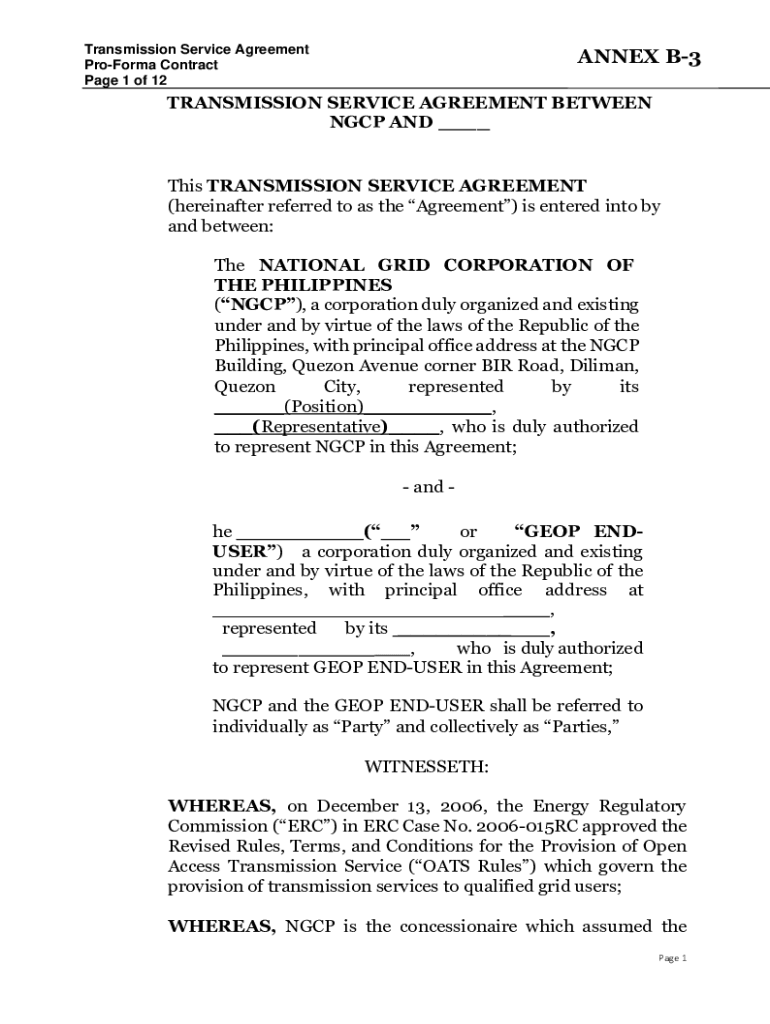 Fillable Online form of transmission service agreement for - ISO New ...