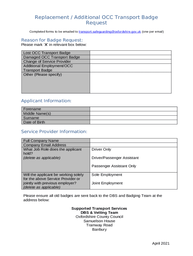 Badge request for Additional or Replacement OCC Transport Badges Doc ...