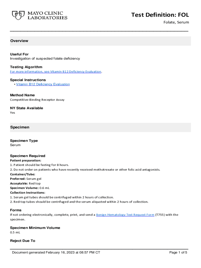 Fillable Online Vitamin B12 and Folate, Serum - Mayo Clinic ...