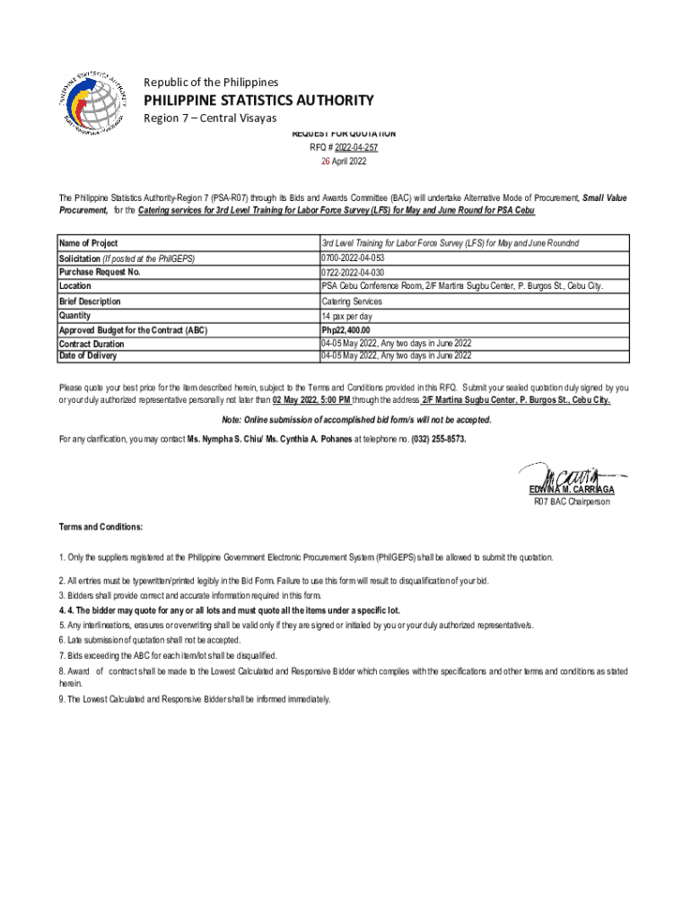 Fillable Online The Philippine Statistics Authority-Region 7 (PSA-R07) through its Bids and ...