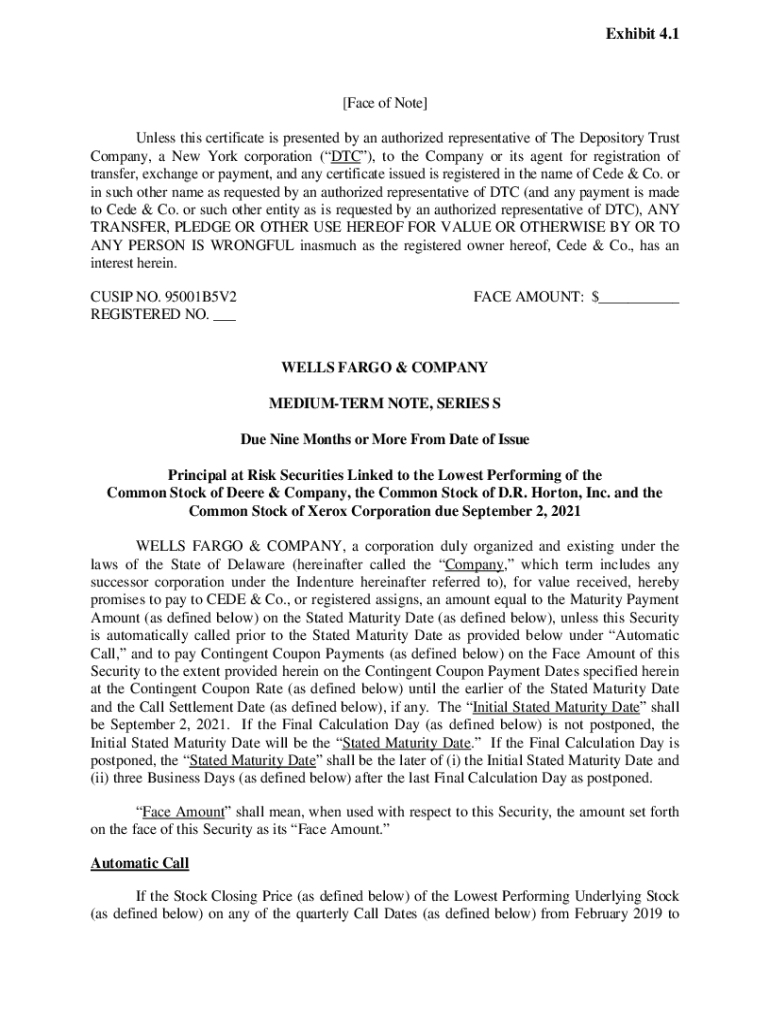 Fillable Online Exhibit 4.1 Face of Note Unless this certificate is ...