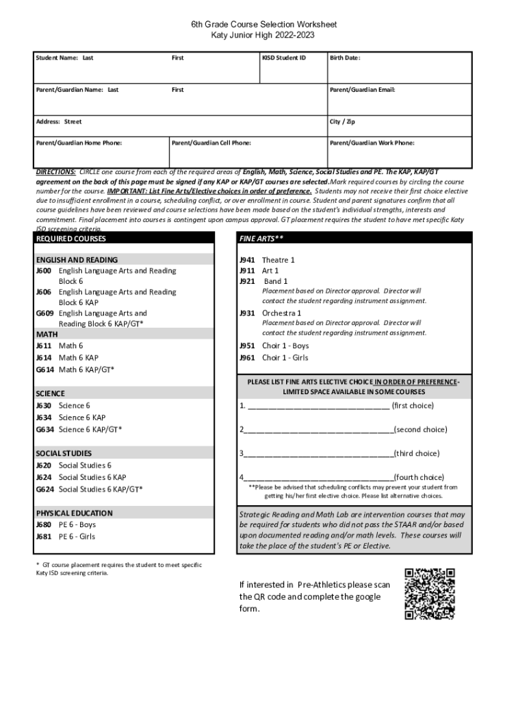 Fillable Online 6th Grade Course Selection Worksheet Adams Junior High ... Fax Email Print ...