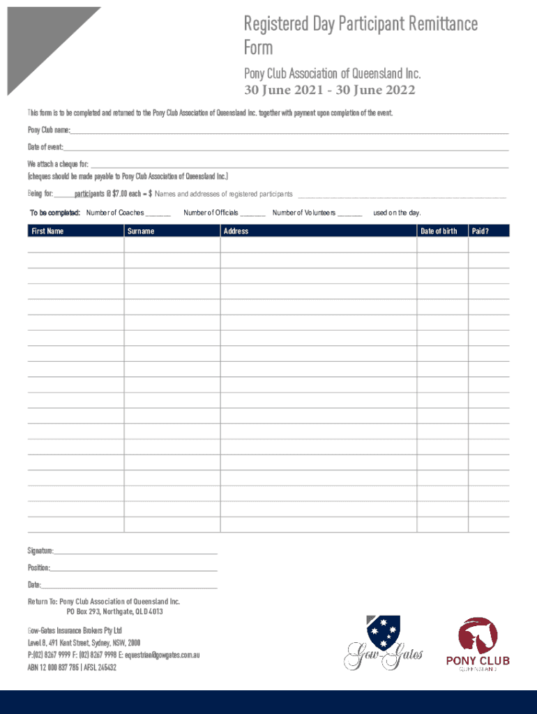 Fillable Online Registered Day Participant Remittance Form Fax Email ...