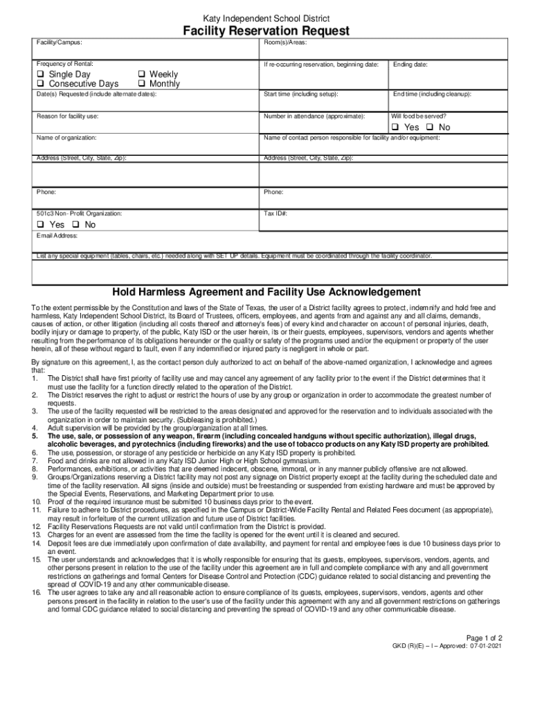 Fillable Online Facility Reservation Request - Katy ISD Fax Email Print - pdfFiller