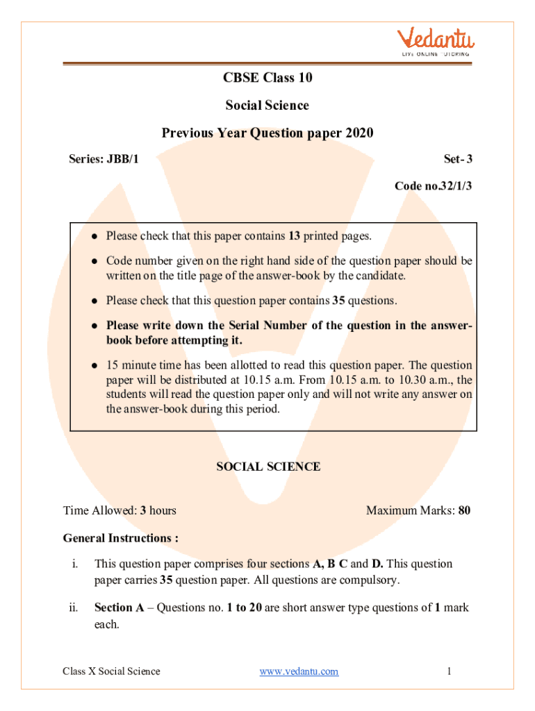 Fillable Online CBSE Previous Year Question Paper Class 10 Social Science ... Fax Email Print ...
