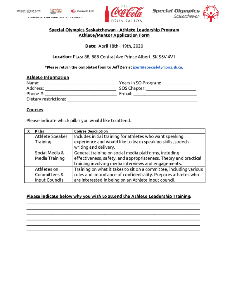 Fillable Online Athlete Leadership Program Athlete/Mentor Application ...