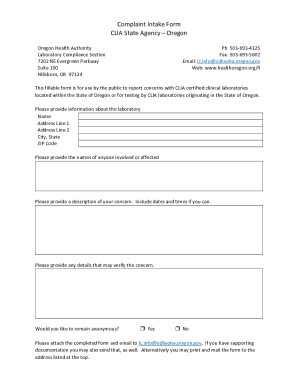 Fillable Online Complaint Intake Form CLIA State Agency - Oregon.gov ...