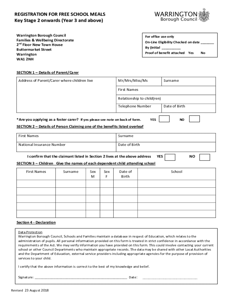 Fillable Online Free school meals for families (NRPF) application form ...