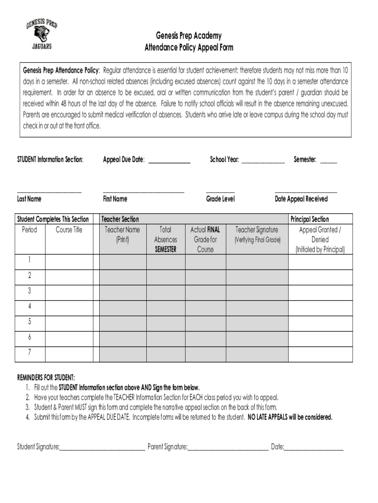 Fillable Online Genesis Prep Academy Attendance Policy Appeal Form Fax Email Print - pdfFiller