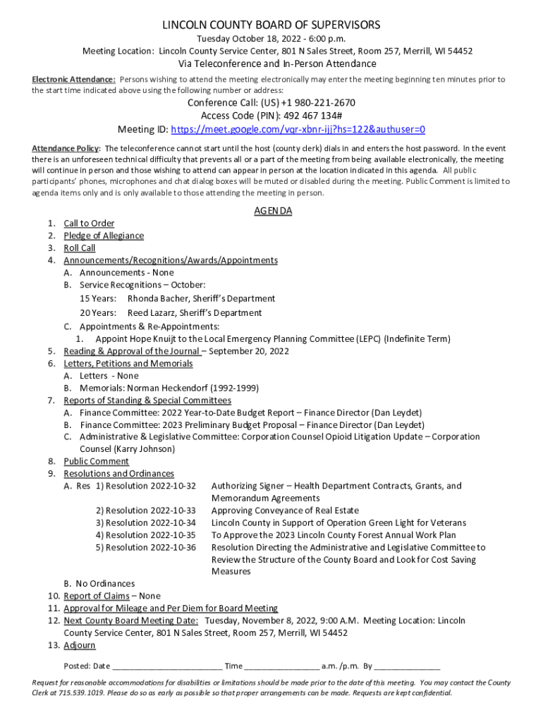 Fillable Online co lincoln wi Via Teleconference and In-Person ...