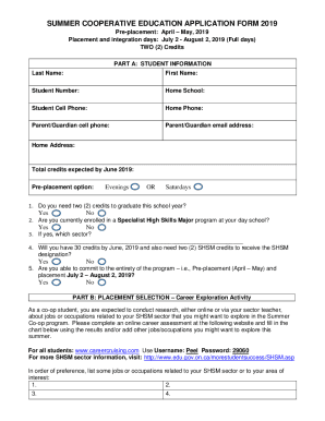 Fillable Online SUMMER COOPERATIVE EDUCATION APPLICATION FORM 2019 Fax ...
