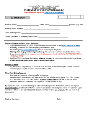 Fillable Online STATEMENT OF UNDERSTANDING (SOU) Please email form to ...