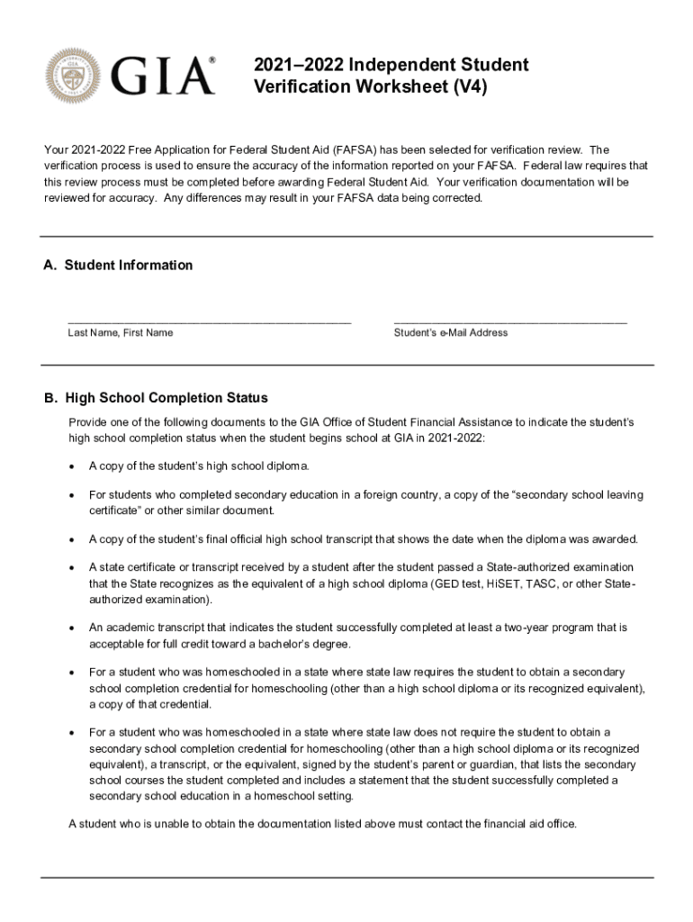Fillable Online 2021-2022 Verification Worksheet V-5 Independent ...