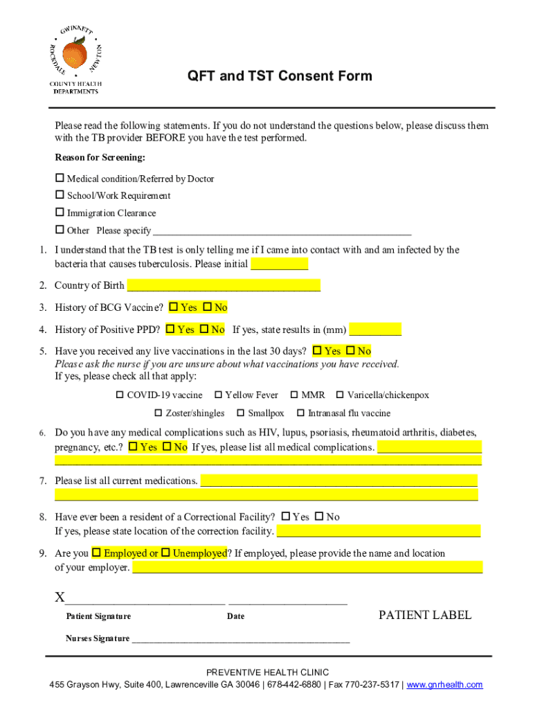 Fillable Online Tuberculosis (TB) screening consent form with IGRA Fax ...