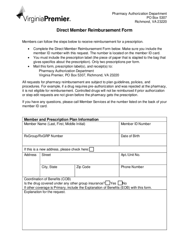 Fillable Online Direct Member Reimbursement FormVirginia Premier Fax ...