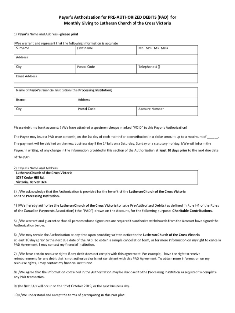 Fillable Online Payor's Authorization for PRE-AUTHORIZED DEBITS (PAD ... Fax Email Print - pdfFiller
