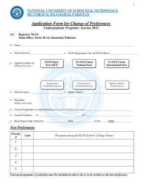 Fillable Online Application Form for Change of Preferences - NUST Fax ...