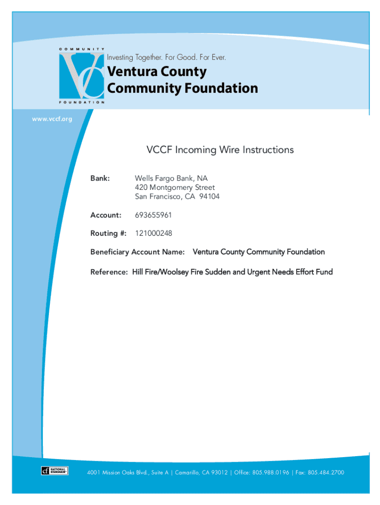Fillable Online VCCF Incoming Wire Instructions Fax Email Print - pdfFiller