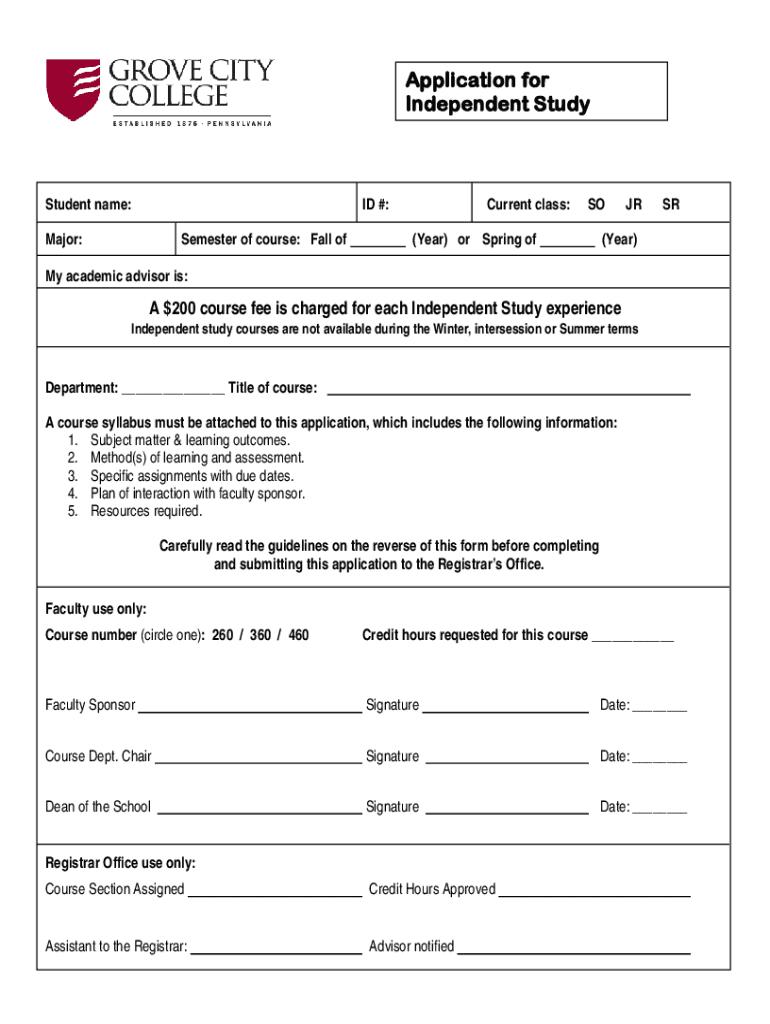 Fillable Online Independent Study Application - Redeemer Forms Fax ...