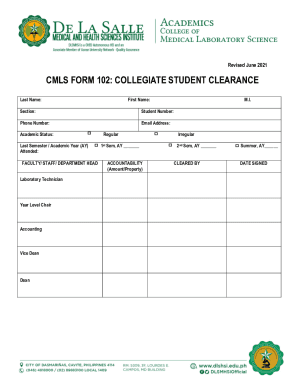 Fillable Online CMLS FORM 102: COLLEGIATE STUDENT CLEARANCE Fax Email Print - pdfFiller