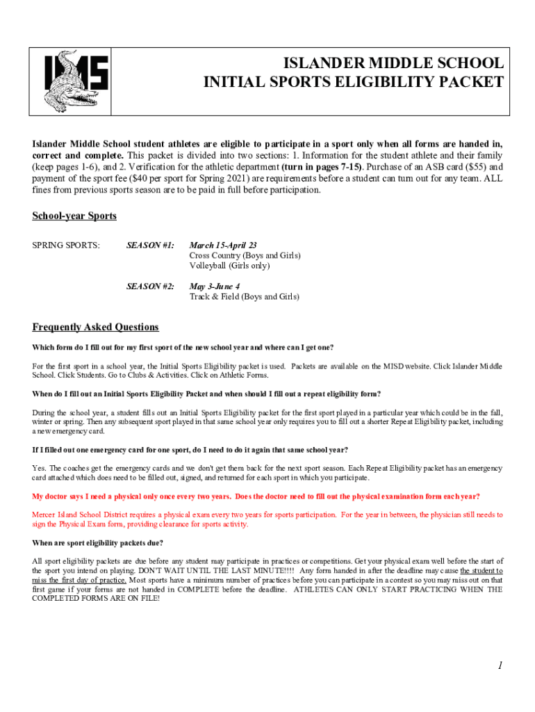 Fillable Online ISLANDER MIDDLE SCHOOL INITIAL SPORTS ELIGIBILITY ...