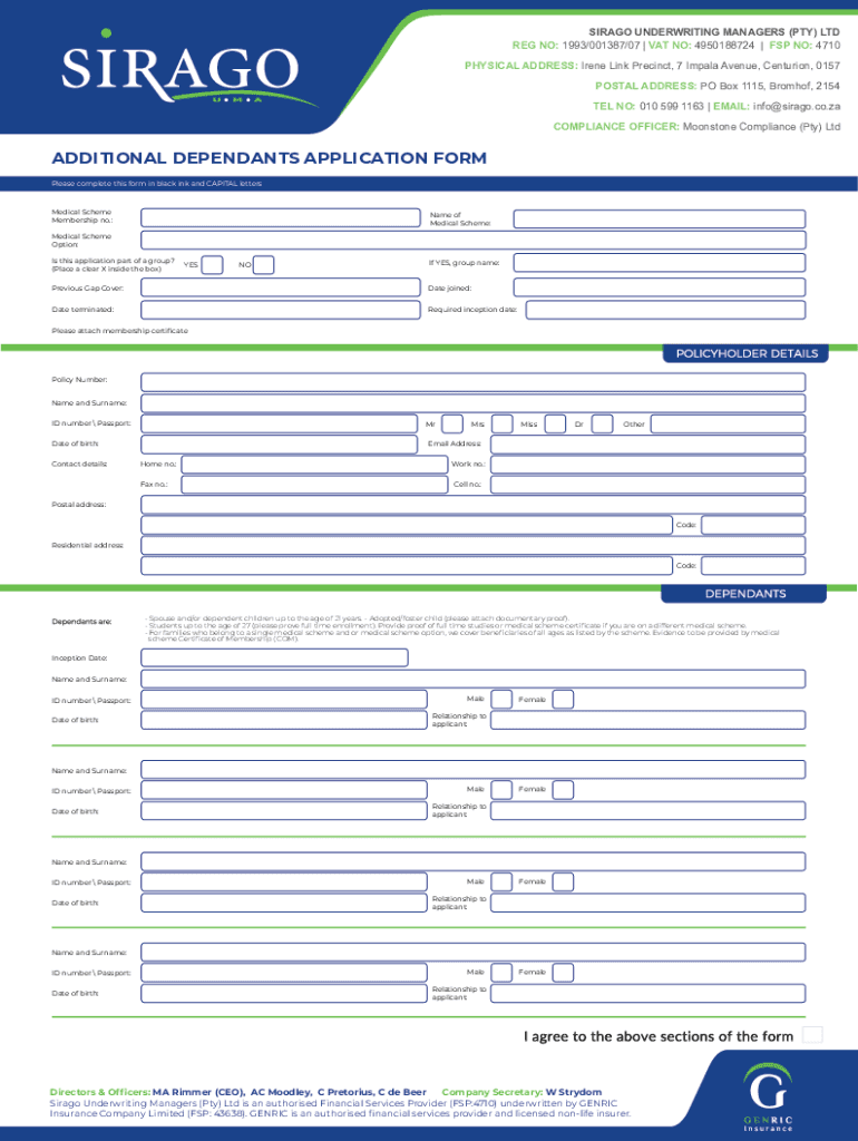 Fillable Online Sirago Additional Dependants App Form Fax Email Print - pdfFiller