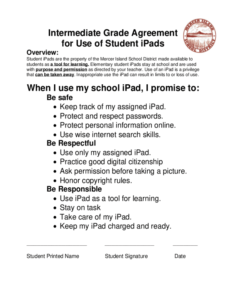 Fillable Online Intermediate Grade Agreement for Use of Student iPads ...