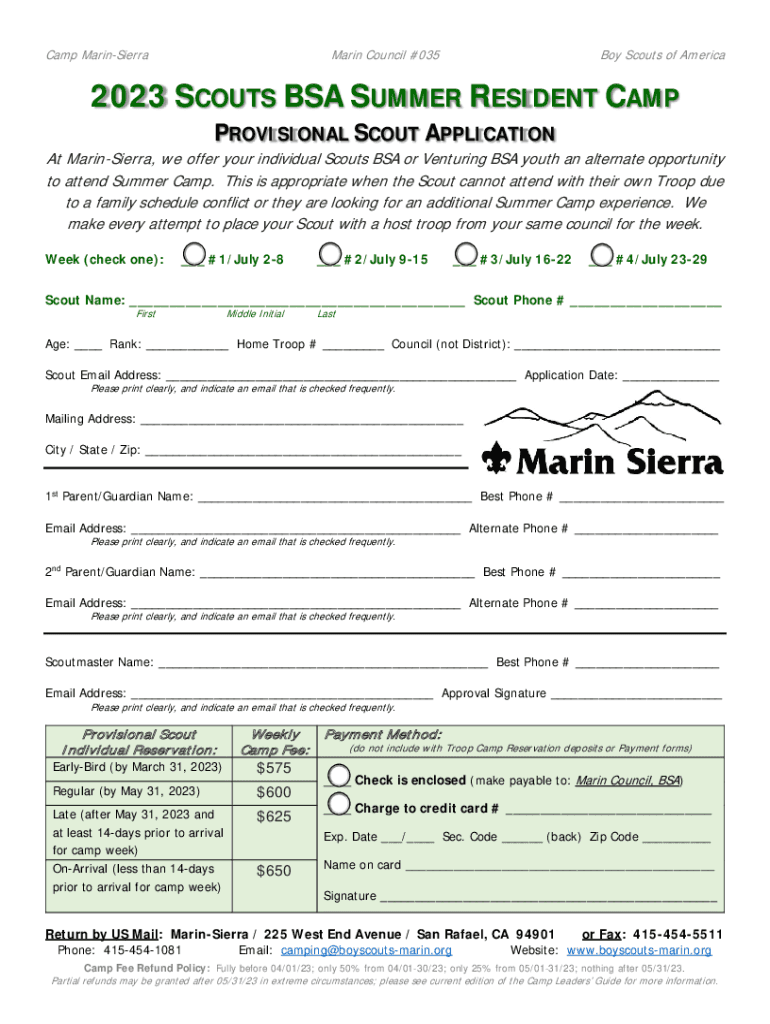 Fillable Online Scouts BSA Summer Camp - Marin Council Fax Email Print - pdfFiller