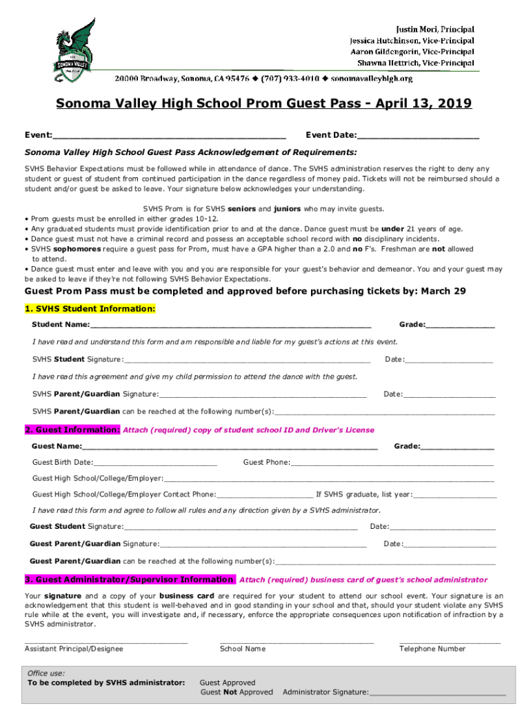 Fillable Online Prom Guest Code of Behavior Memorial High School Senior ...