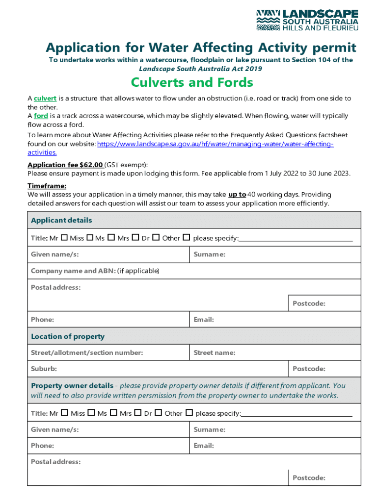 Fillable Online Application for Water Affecting Activity permit ...