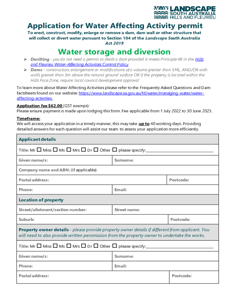 Fillable Online Water affecting activity permit application form Fax ...
