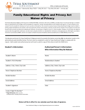 Fillable Online Family Educational Rights and Privacy Act Waiver of ... Fax Email Print - pdfFiller