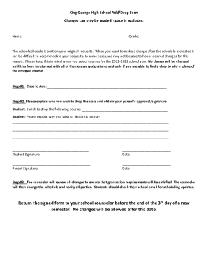 Fillable Online King George High School Add/Drop Form Changes can only ...