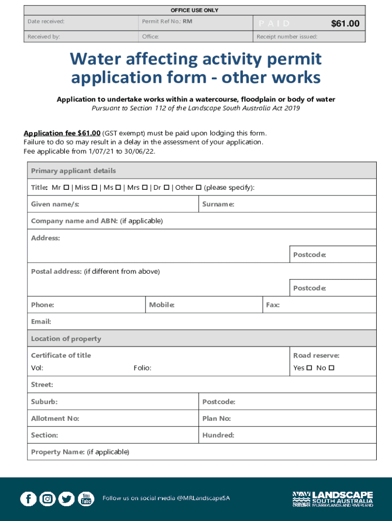 Fillable Online Water affecting activity permit application form ...